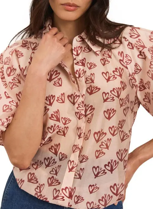 Mint Velvet Heart Print Puff Sleeve Shirt - Light Pink