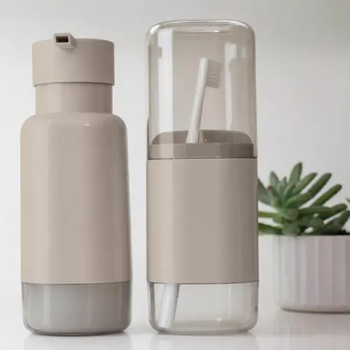OU Durable Dual Bathroom Soap Dispenser Toothbrush Holder Organizer - Beige