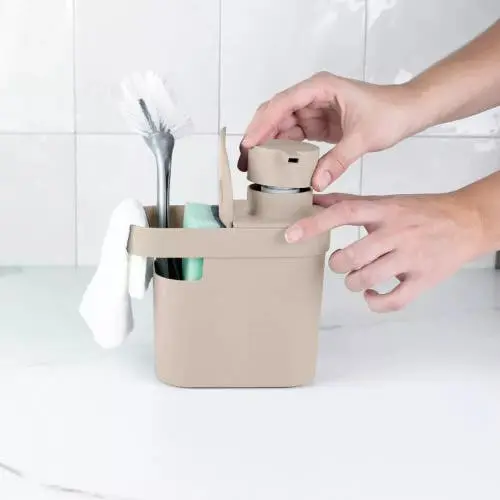 OU Durable Kitchen Soap Dispenser Organizer With Sponge And Dish Brush Holder - Beige
