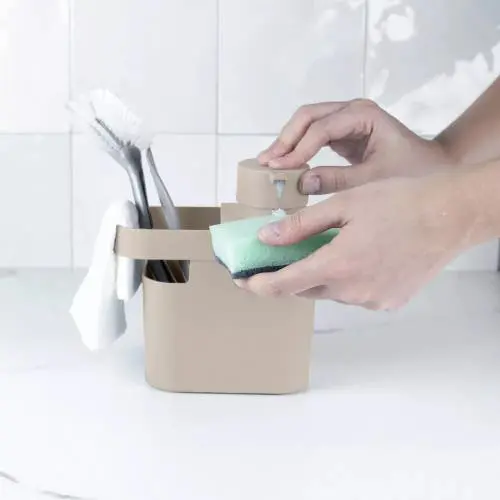 OU Durable Kitchen Soap Dispenser Organizer With Sponge And Dish Brush Holder - Beige