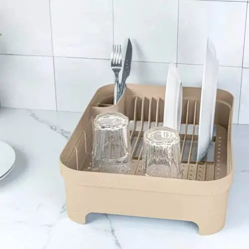 OU Durable Compact Kitchen Sink Organizer 3 Piece Set, Dish Rack - Beige