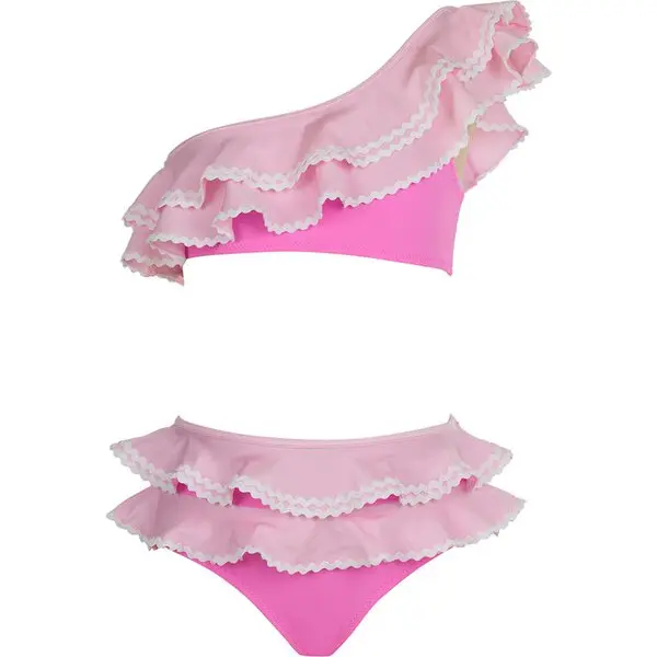 NESSI BYRD One-shoulder Tiered Ruffle Two-piece Bikini - Pink