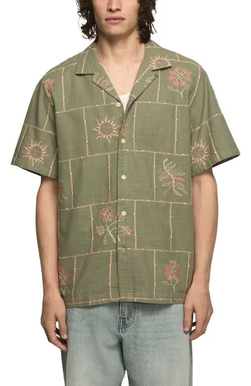 Lucky Brand Embroideree Slub Cotton Camp Shirt - Olive Multi