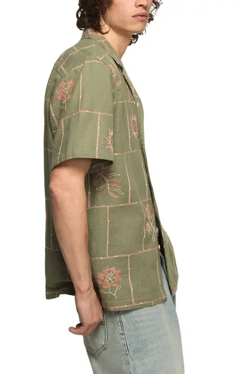 Lucky Brand Embroideree Slub Cotton Camp Shirt - Olive Multi