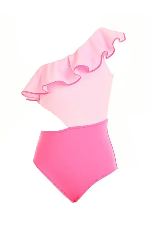NESSI BYRD One-shoulder Cutout Contrast-trimmed Ruffle One-piece Swimsuit - Pink