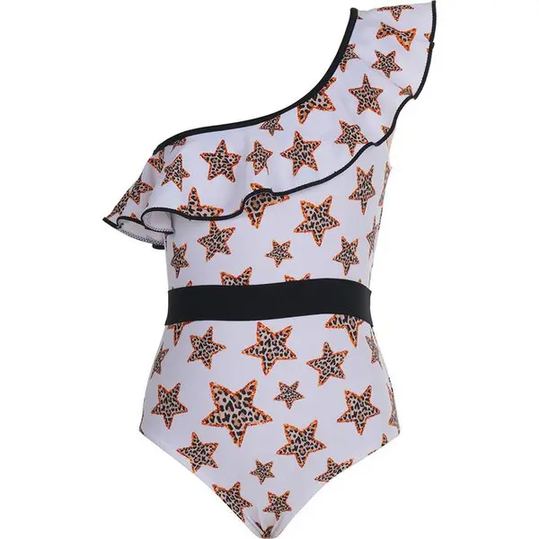 NESSI BYRD One-shoulder Starry Safari Belted One-piece Swimsuit - White