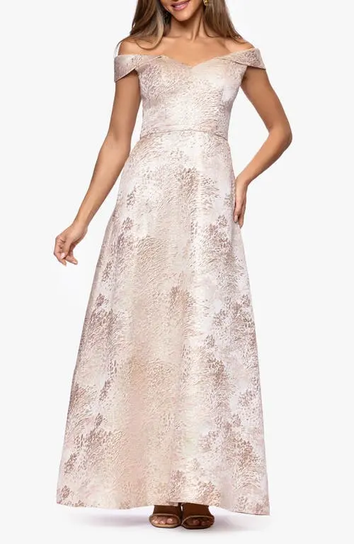 XSCAPE EVENINGS Jacquard Metallic Off-the-shoulder Ballgown - Blush/gold