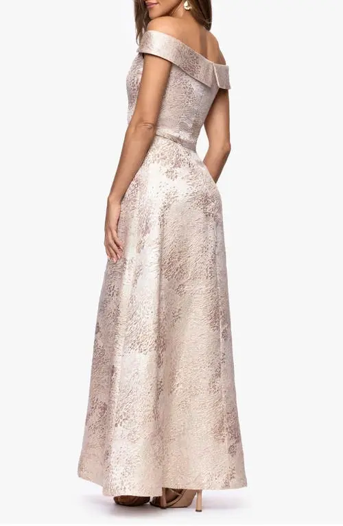 XSCAPE EVENINGS Jacquard Metallic Off-the-shoulder Ballgown - Blush/gold
