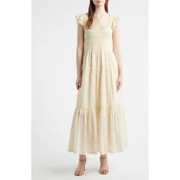 LoveShackFancy Chessie Floral Tiered Midi Dress - Lemon Spritz