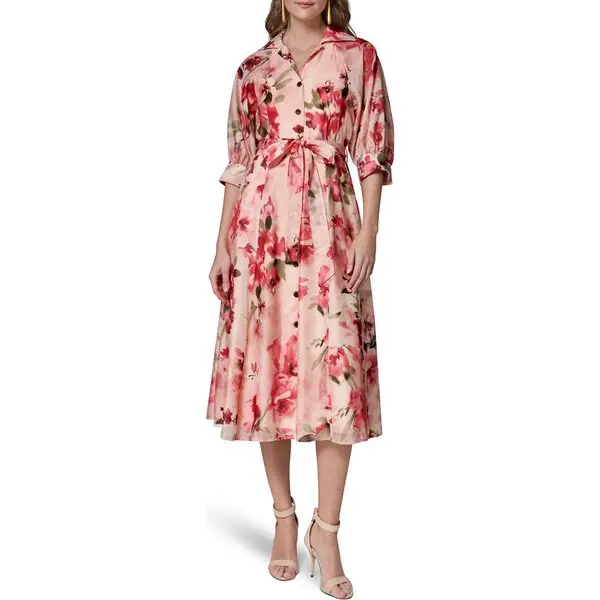 Donna Karan New York Floral Print Tie Waist Shirtdress - Geranium Multi