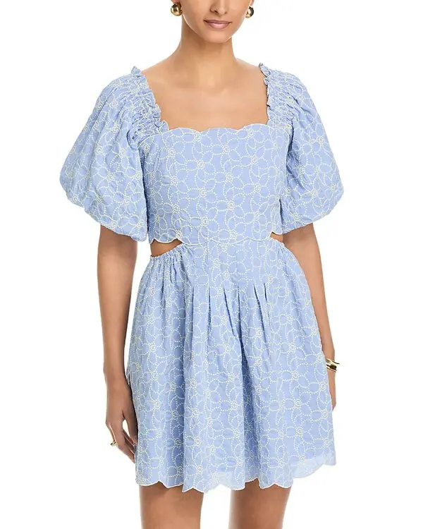 Aqua Embroidered Scallop Hem Mini Dress - Blue