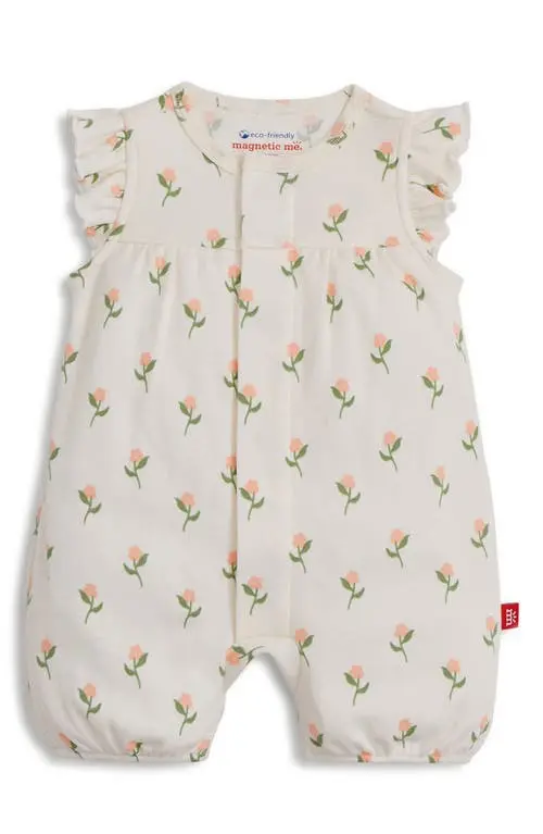 MAGNETIC ME Floral Flutter Sleeve Organic Cotton Romper - Pale Beige