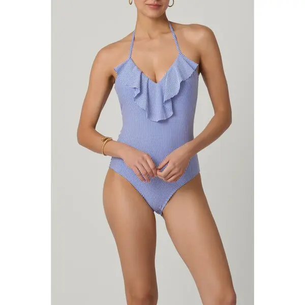 Shoshanna Seersucker Stripe Ruffle Maillot One-piece - French Blue/optic