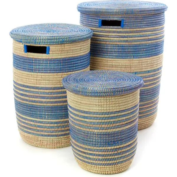 AFRICAN MODERN Set Of Three Ebb & Flow Striped Hampers - Blue