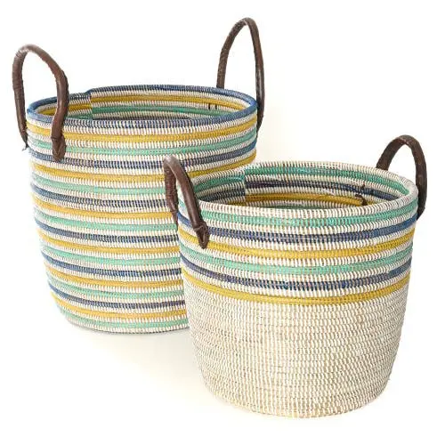 AFRICAN MODERN Set Of Two Malika Beach Nesting Baskets With Leather Handles