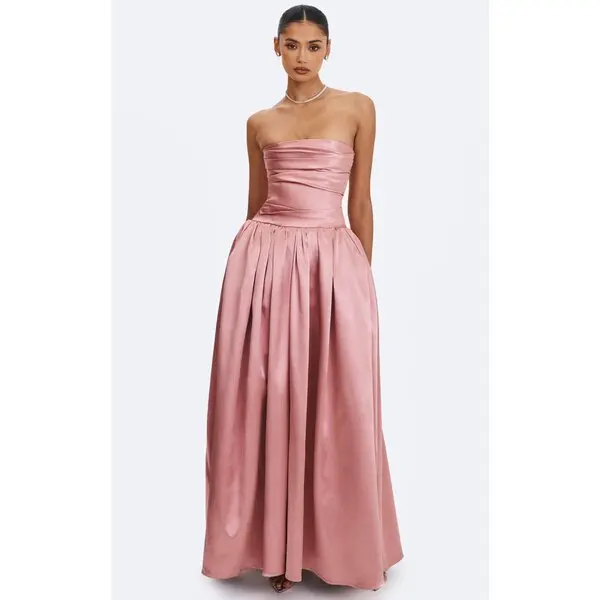 MISS CIRCLE NEW YORK Satin Strapless Gathered Maxi Dress - Coral