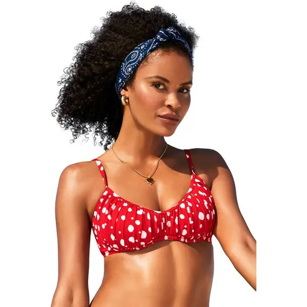 SWIMSUITS FOR ALL Shirred Underwire Bikini Top With Removable Push-up Cups - Ruby White Dots
