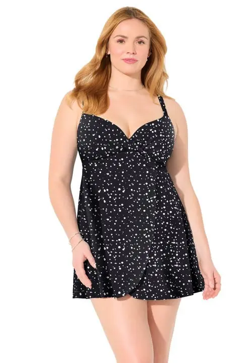 SWIMSUITS FOR ALL Sweetheart Flyaway Underwire Two-piece Swimdress - Black White Dots