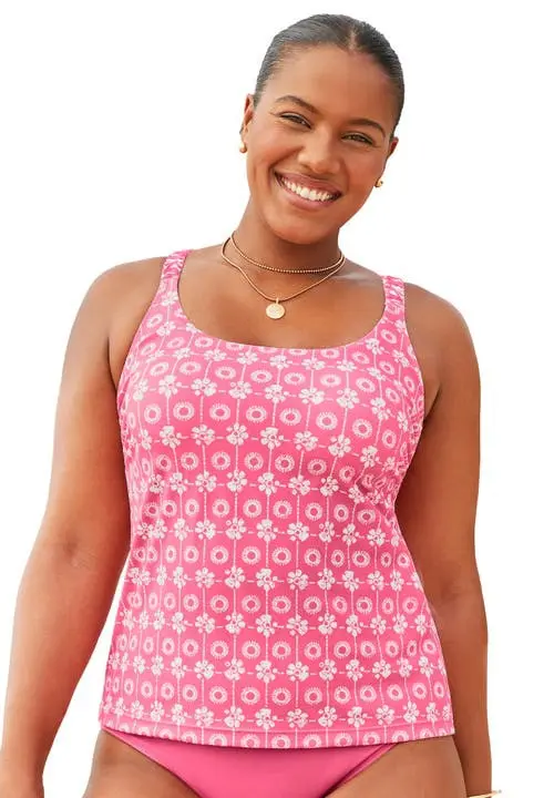 SWIMSUITS FOR ALL Shirred Tankini Top - Coral Pink Sun Stamp