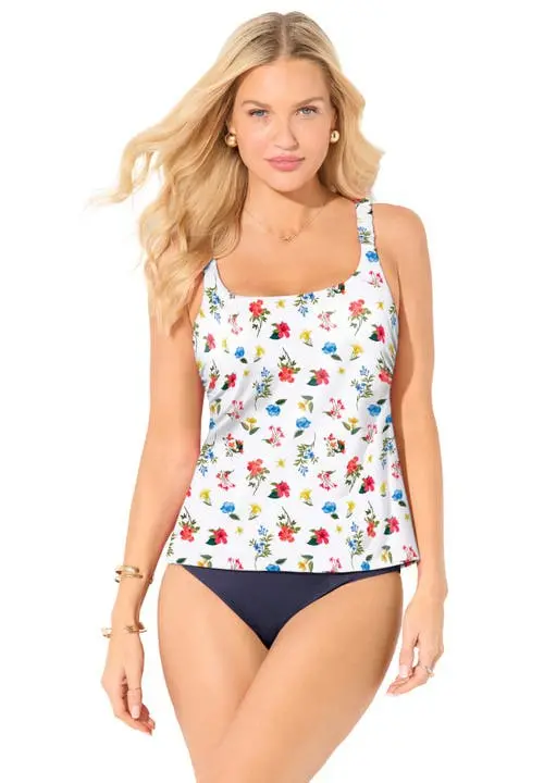 SWIMSUITS FOR ALL Shirred Tankini Top - White Ditsy Floral