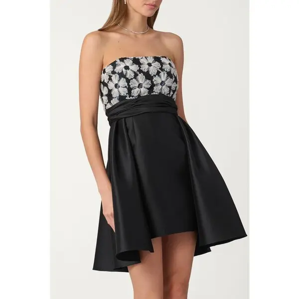 Shoshanna Tulle Chiffon Mikado Mini Dress - Jet/ivory