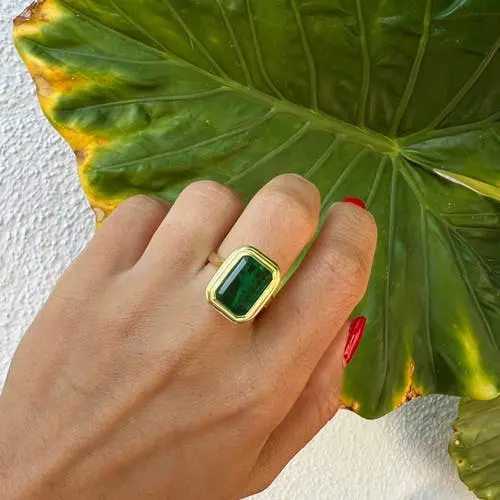 GEMMA AZZURRO Gold Plated Simulated Emerald Signet Ring