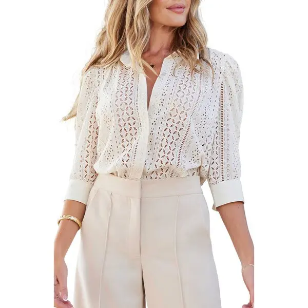 BISHOP + YOUNG Cate Eyelet Ruched Sleeve Top - Beige