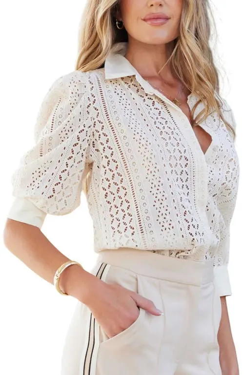 BISHOP + YOUNG Cate Eyelet Ruched Sleeve Top - Beige