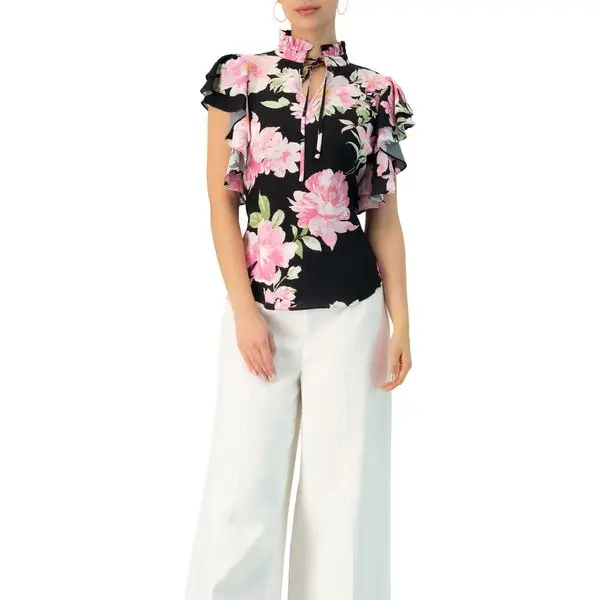 IVONNE Floral Print Blouse With Ruffle Sleeves - Black
