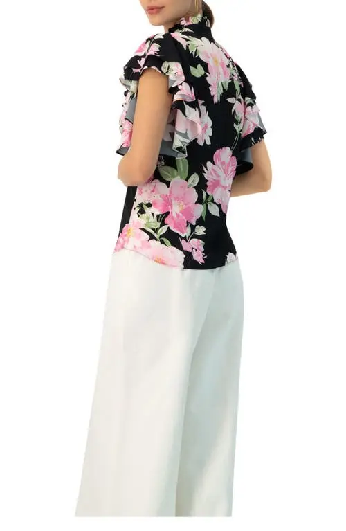 IVONNE Floral Print Blouse With Ruffle Sleeves - Black