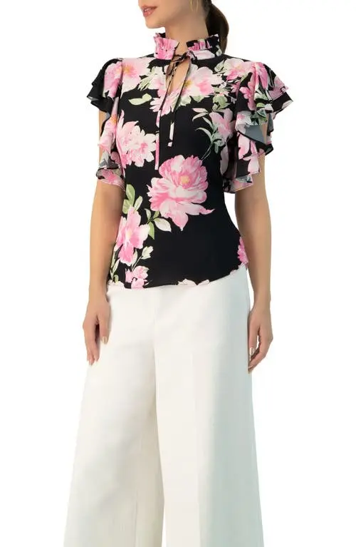 IVONNE Floral Print Blouse With Ruffle Sleeves - Black