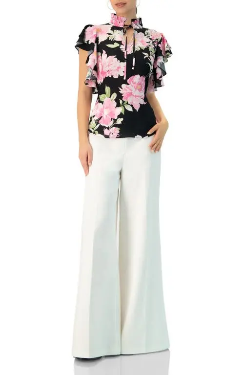 IVONNE Floral Print Blouse With Ruffle Sleeves - Black