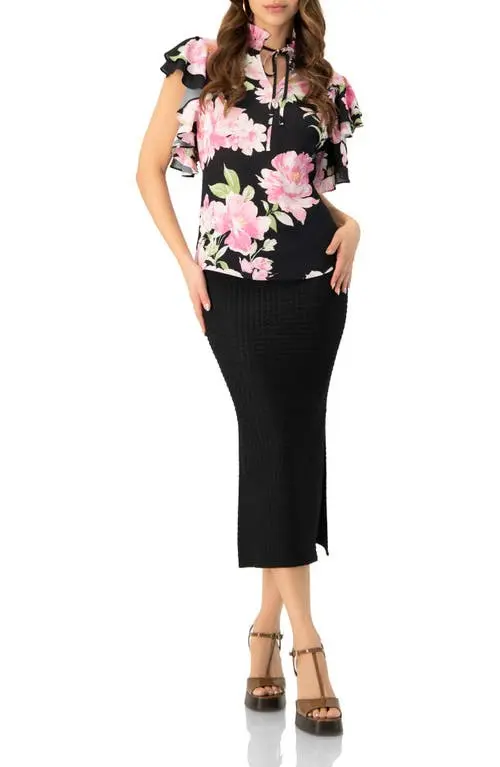 IVONNE Floral Print Blouse With Ruffle Sleeves - Black