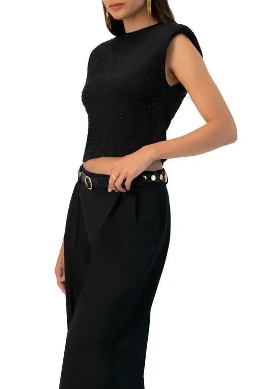IVONNE Padded-shoulder Cropped Rhinestone Top