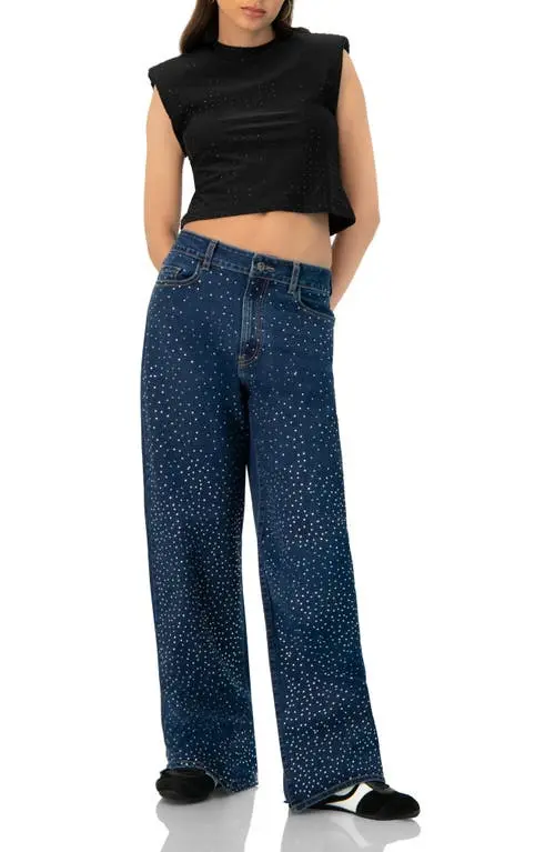 IVONNE Padded-shoulder Cropped Rhinestone Top