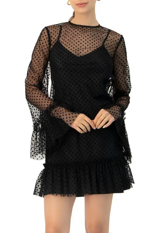 IVONNE Flocked Polka Dot Short Dress - Black