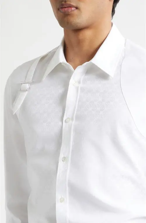 Alexander McQueen Harness Strap Skull Print Cotton Poplin & Piqué Button-up Shirt - White