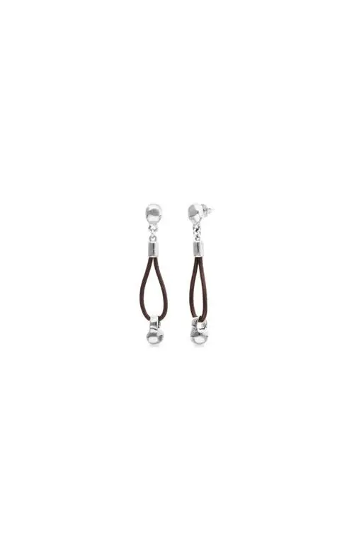 UNODE50 Long Leather Earrings With Sterling -plated Dial Detail - Silver