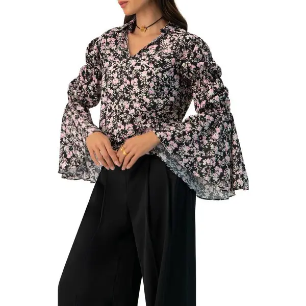 IVONNE Floral Print Long Sleeve Blouse - Black