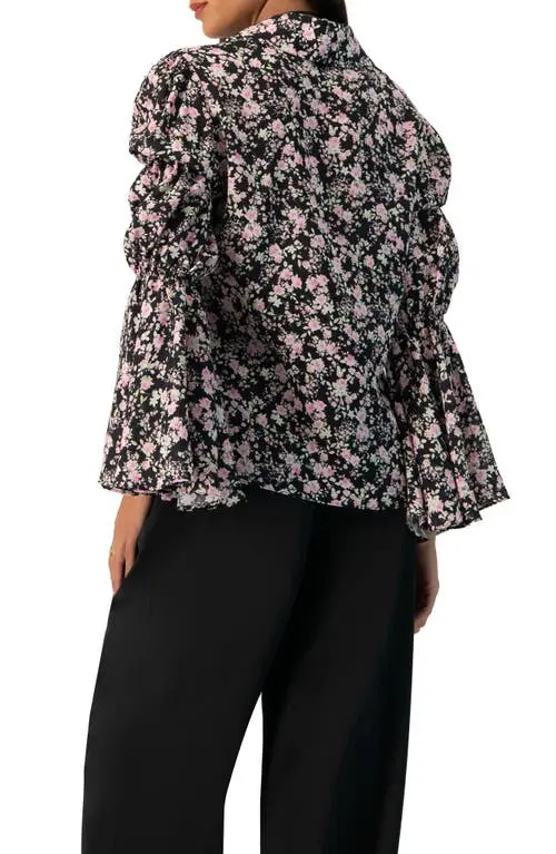IVONNE Floral Print Long Sleeve Blouse - Black