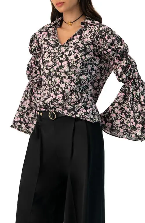 IVONNE Floral Print Long Sleeve Blouse - Black