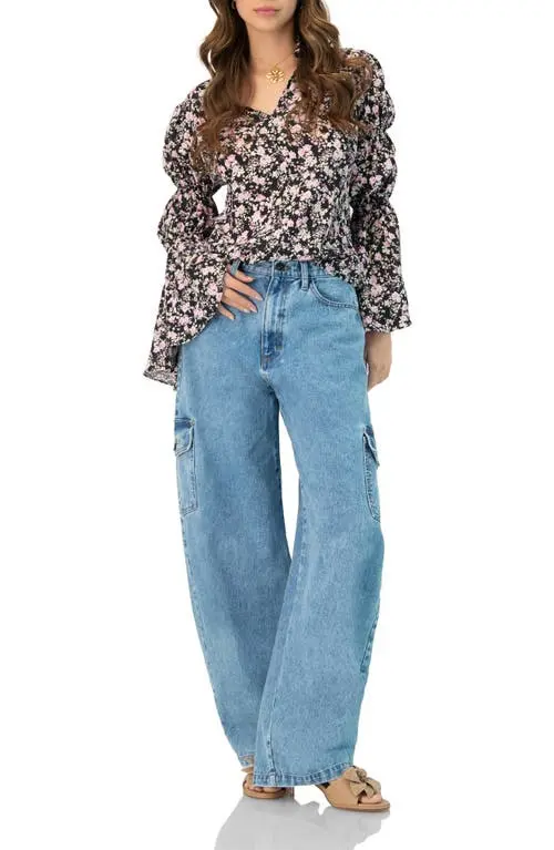 IVONNE Floral Print Long Sleeve Blouse - Black
