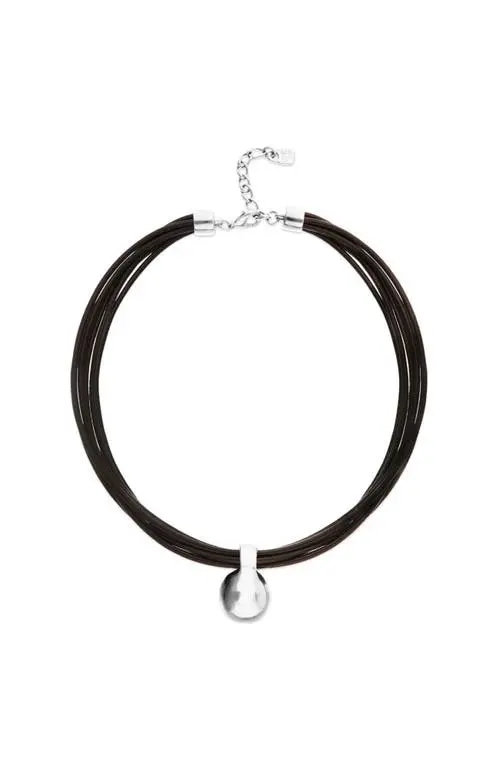 UNODE50 Leather Necklace With Large Sterling -plated Dial - Silver
