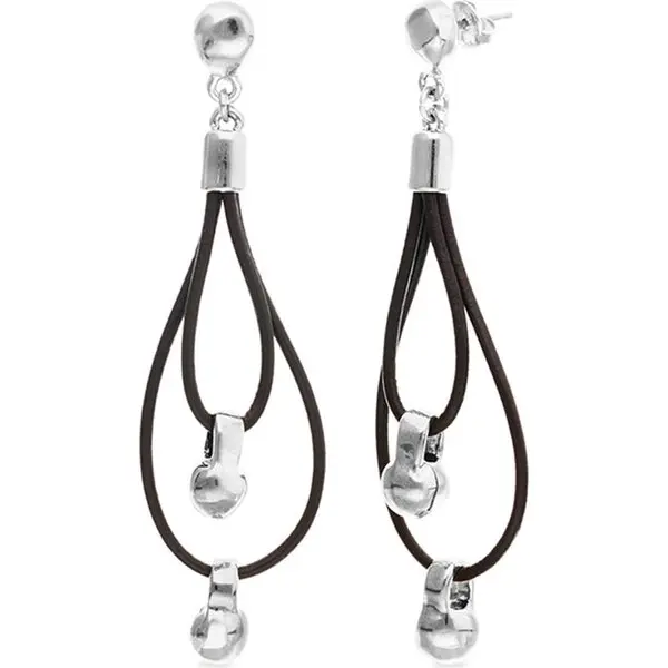 UNODE50 Double Long Leather Earrings With Sterling -plated Dial Detail - Silver