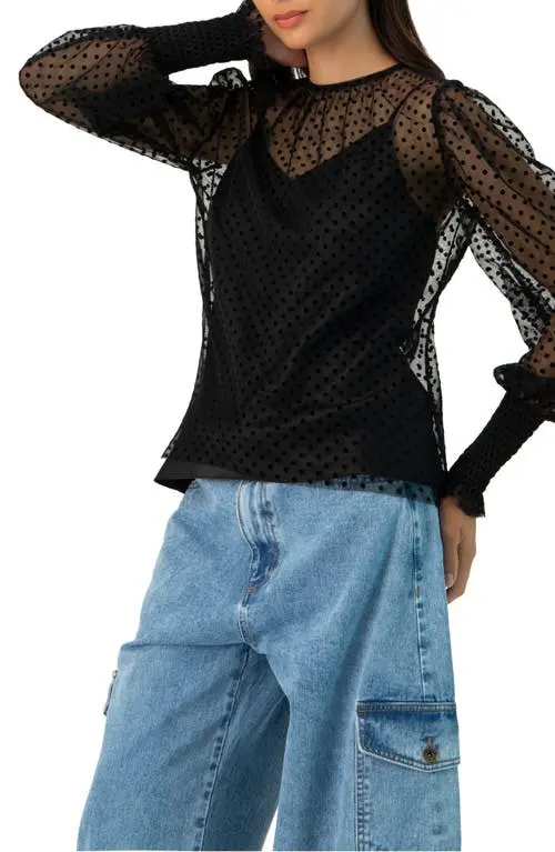 IVONNE Polka Dot Smock Sleeve Blouse - Black