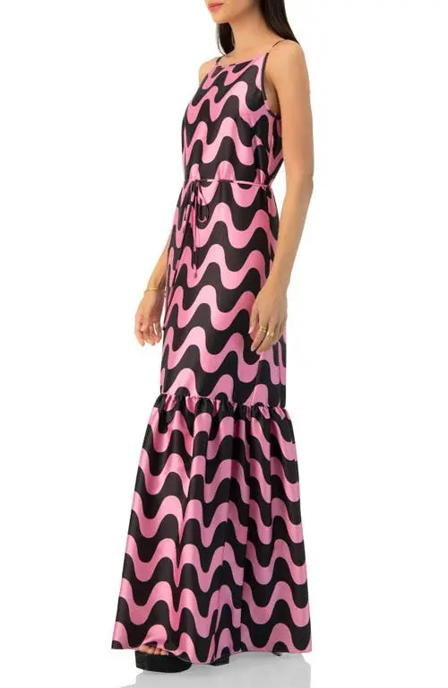 IVONNE Sleeveless Wave Print Maxi Dress