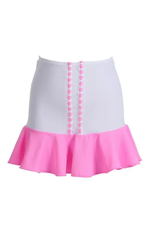 NESSI BYRD Beach Cover-up Skirt With Ruffled Hem And Embroidery - White-pink