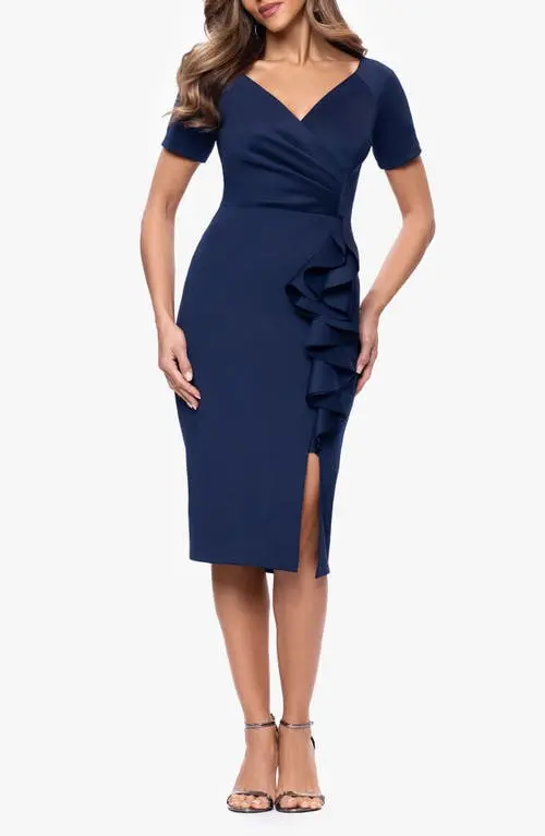 XSCAPE EVENINGS Ruffle Scuba Cocktail Dress - Midnight