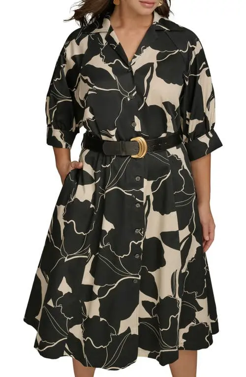 Donna Karan New York Printed Belted Midi Shirtdress - Black/parchment