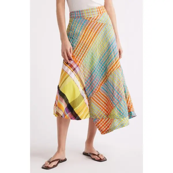 Free People Rivoli Patchwork Plaid Cotton Midi Skirt